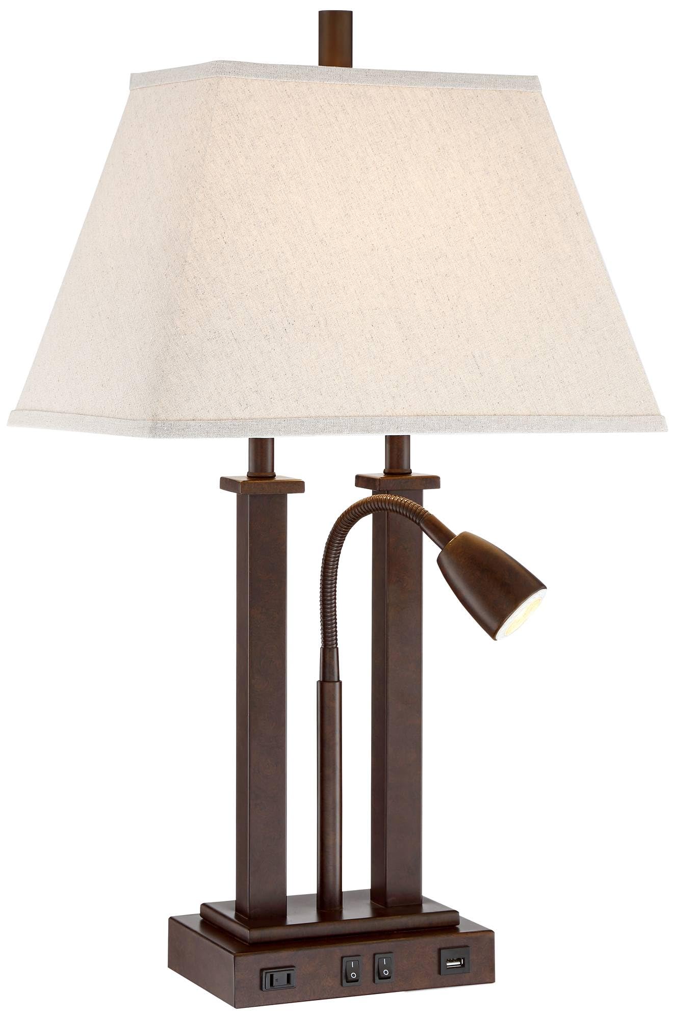 Possini Euro Design Deacon Modern Desk Table Lamp with USB and AC Power Outlet in Base Gooseneck LED 26" High Bronze Rectangular Linen Shade for Living Room Bedroom House Bedside Nightstand Home