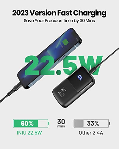 INIU Portable Charger, Small 10000mAh Power Bank USB C In/Output 22.5W Fast Charging, 3-Output Mini Battery Pack Charger with Phone Holder for iPhone 14 13 12 11 Pro Samsung S23 A53 Google iPad Tablet
