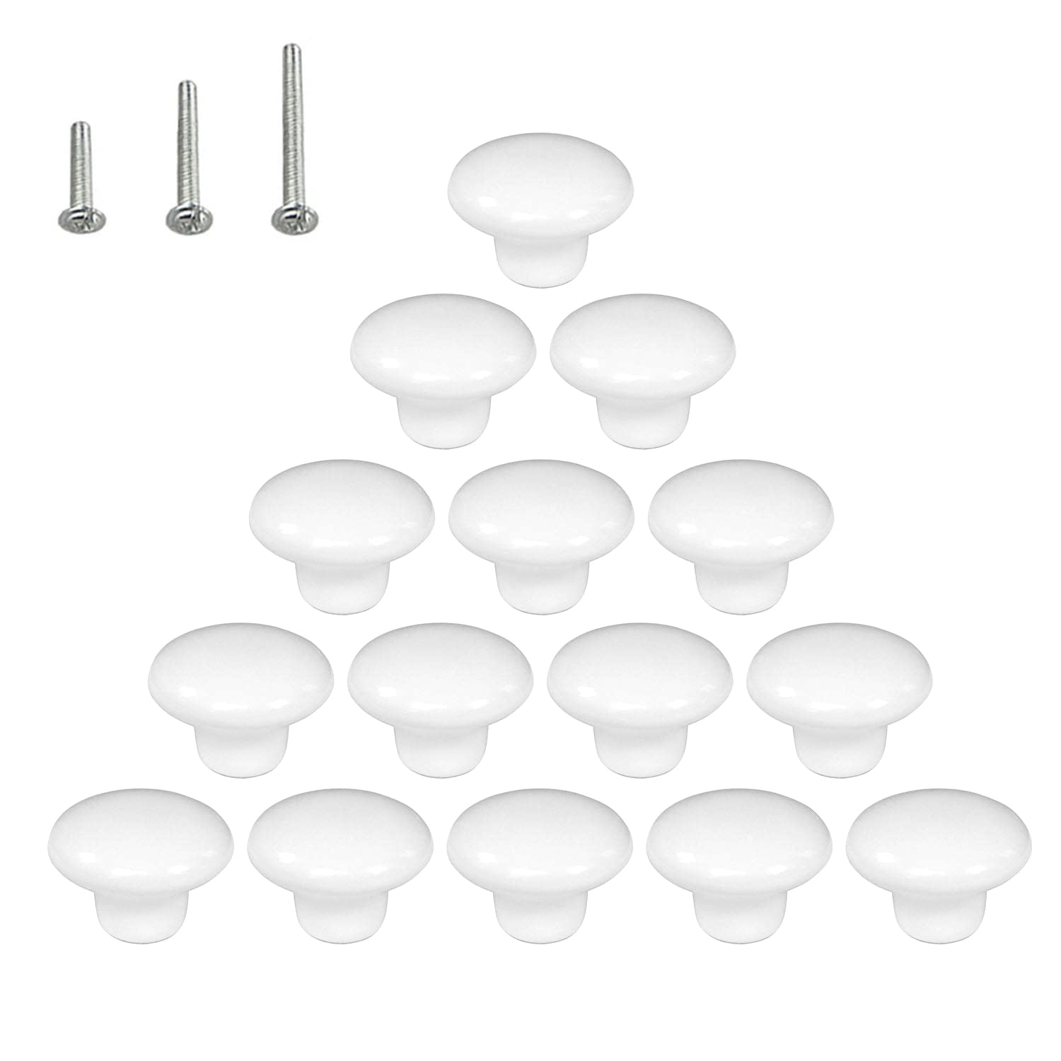HUAMULAN 15PCS White Glossy Ceramic Knobs Button Round Mushroom Cabinet Dresser Vintage Pulls Door Handles Cupboard Wardrobe Drawer, Dia. 1.5 inch 38mm