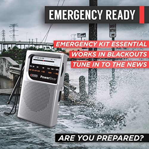 PowerBear Portable Radio | AM/FM, Battery Operated, Long Range (Black,Silver)