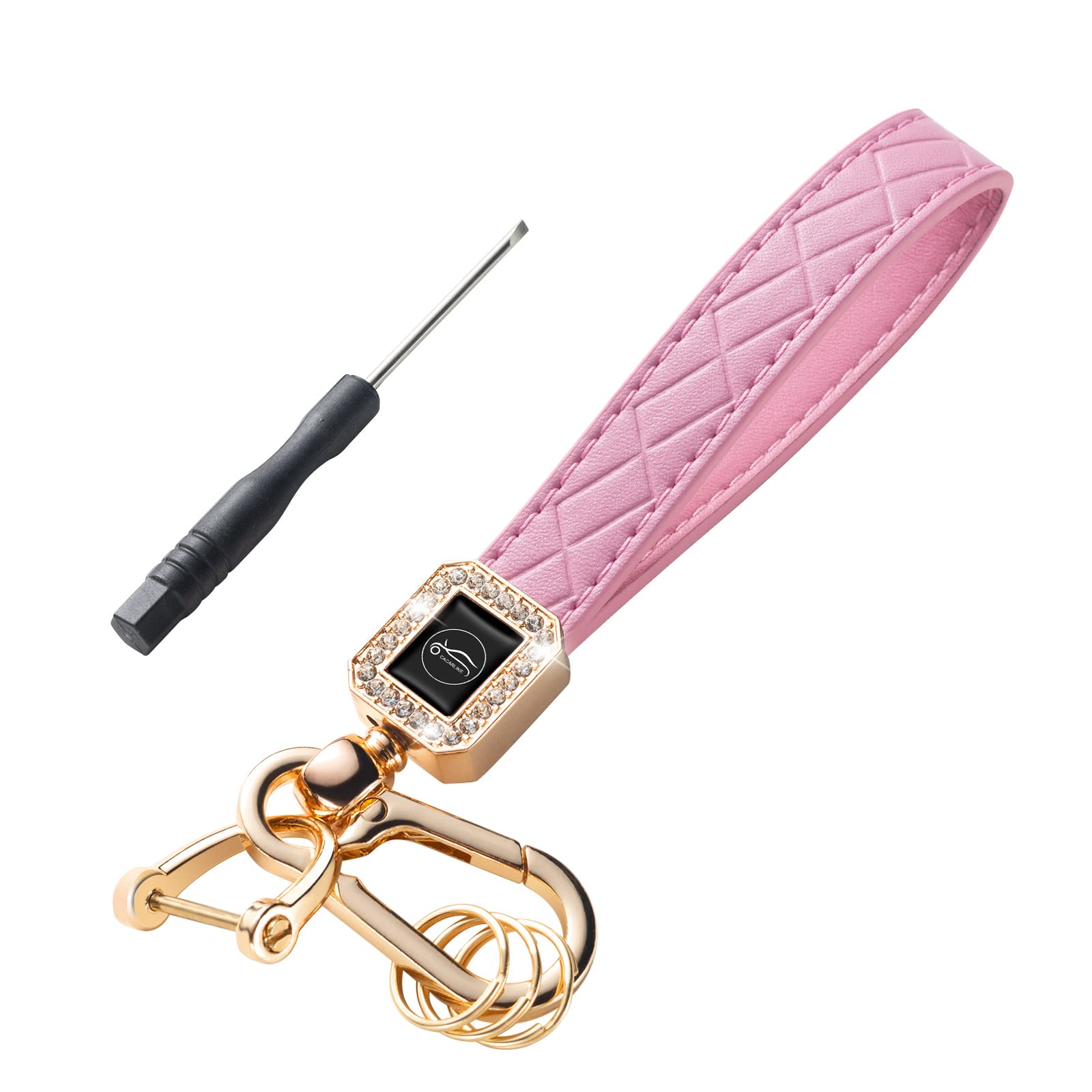 CACARLIKE Universal Leather Car Keychain for Women Men, Extended Car Lanyard Key Fob Holder with 3 Keyrings, Anti-lost D-ring and Carabiner Clip Car Accessories, Pink