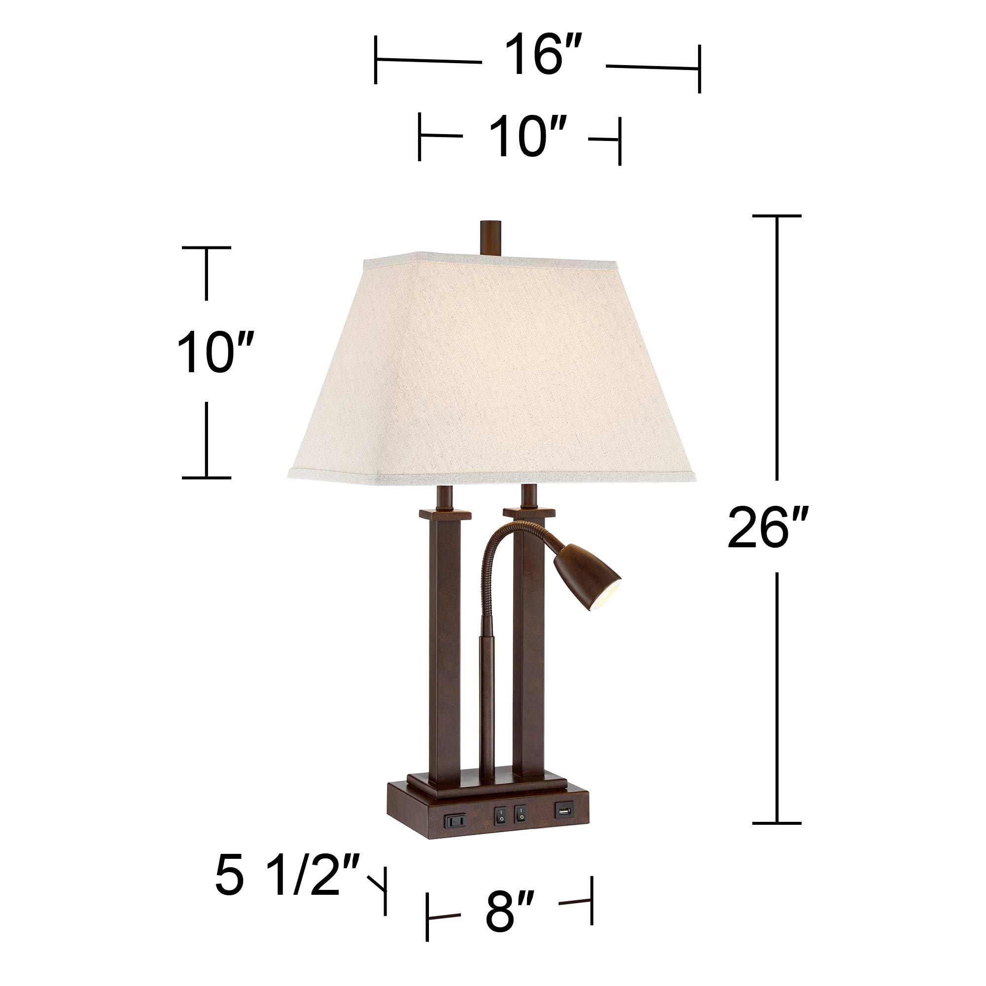 Possini Euro Design Deacon Modern Desk Table Lamp with USB and AC Power Outlet in Base Gooseneck LED 26" High Bronze Rectangular Linen Shade for Living Room Bedroom House Bedside Nightstand Home