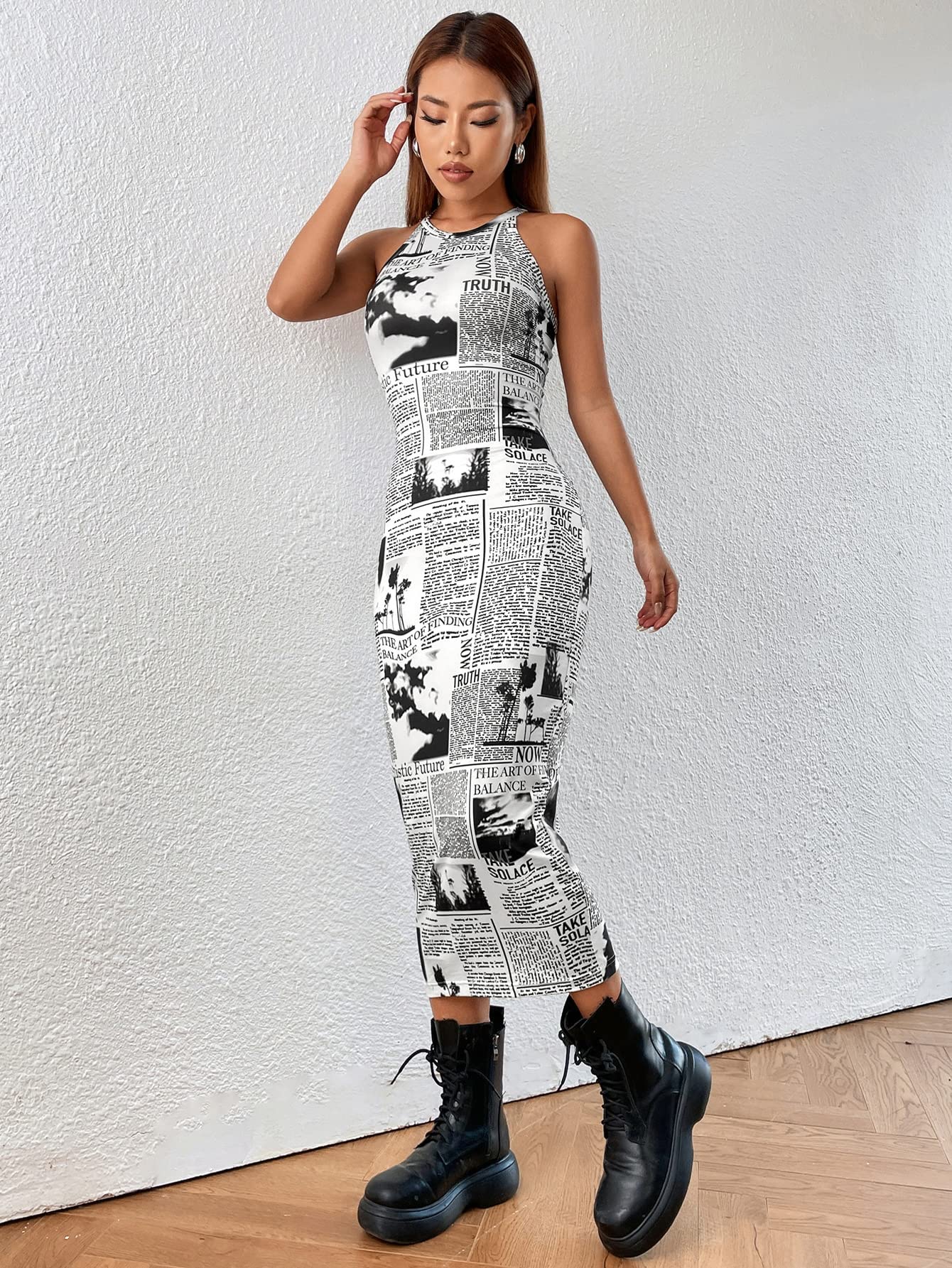 GORGLITTER Women's Newspaper Print Bodycon Midi Dress Sleeveless Halter Dresses Black and White X-Small
