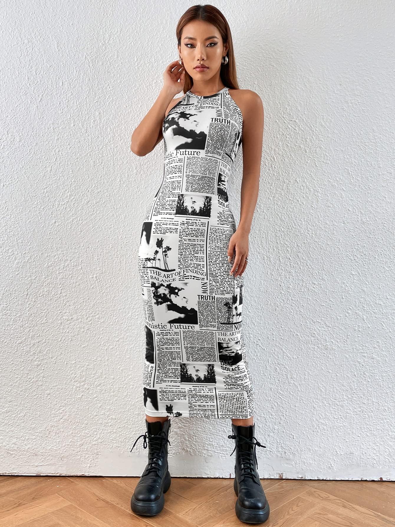 GORGLITTER Women's Newspaper Print Bodycon Midi Dress Sleeveless Halter Dresses Black and White X-Small