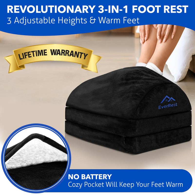 EverRest Foot Rest for Under Desk at Work - Warm Cozy Feet Pocket - Tall Adjustable Footrest for Gaming Computer Chair - Ergonomic Foot Rest Stool Pillow Back Pain Relief Office Footrests 3 Heights