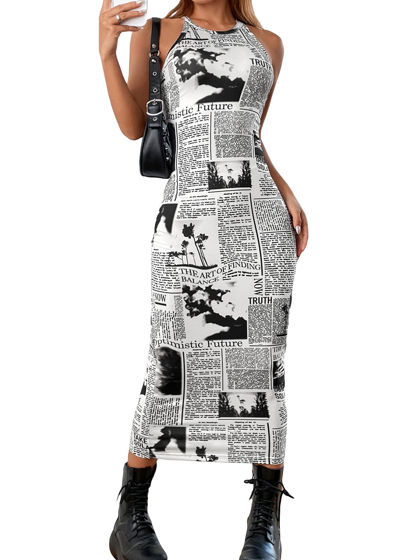 GORGLITTER Women's Newspaper Print Bodycon Midi Dress Sleeveless Halter Dresses Black and White X-Small