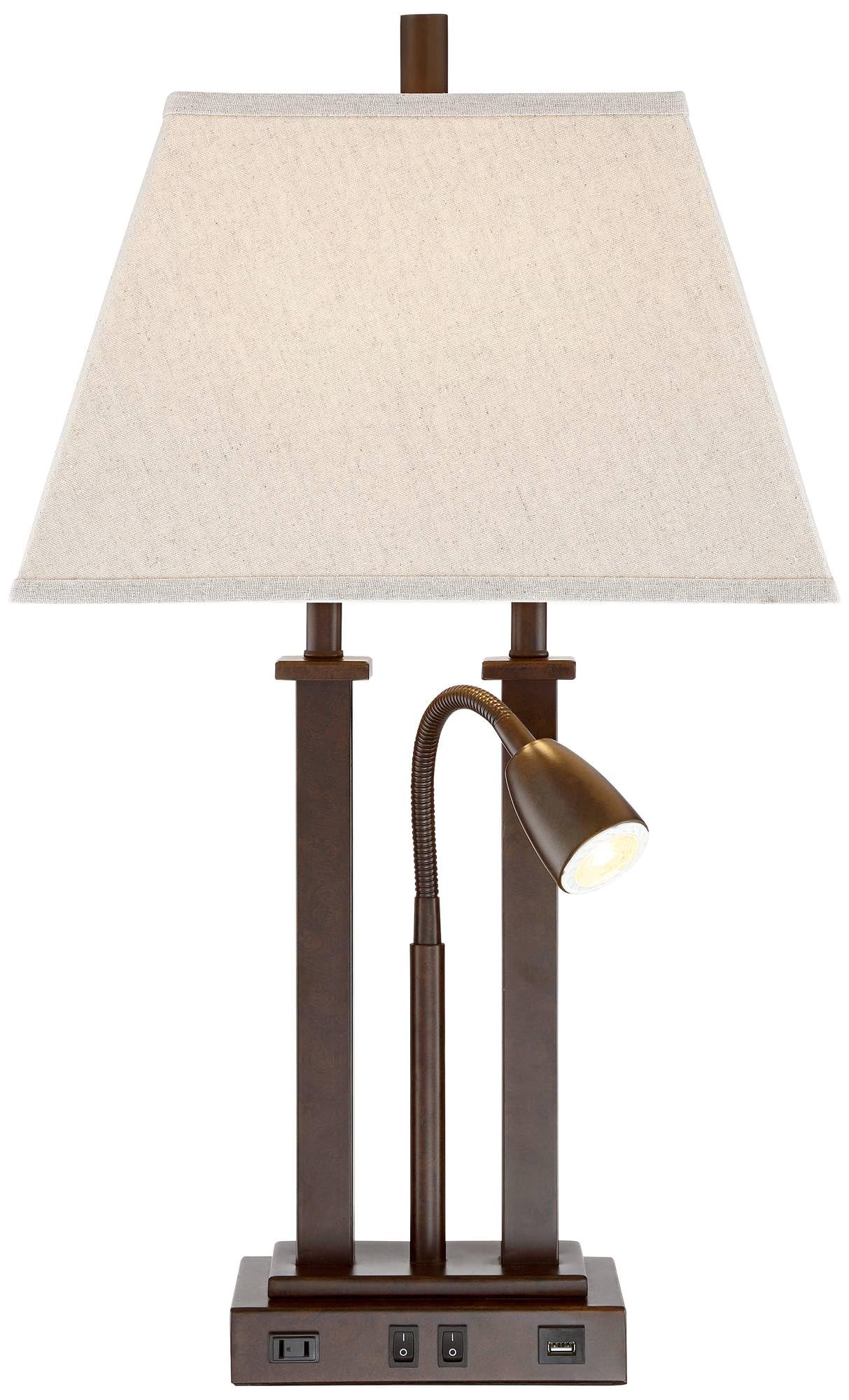 Possini Euro Design Deacon Modern Desk Table Lamp with USB and AC Power Outlet in Base Gooseneck LED 26" High Bronze Rectangular Linen Shade for Living Room Bedroom House Bedside Nightstand Home