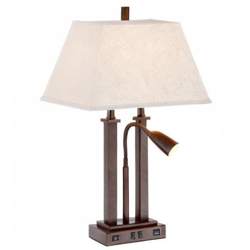 Possini Euro Design Deacon Modern Desk Table Lamp with USB and AC Power Outlet in Base Gooseneck LED 26" High Bronze Rectangular Linen Shade for Living Room Bedroom House Bedside Nightstand Home