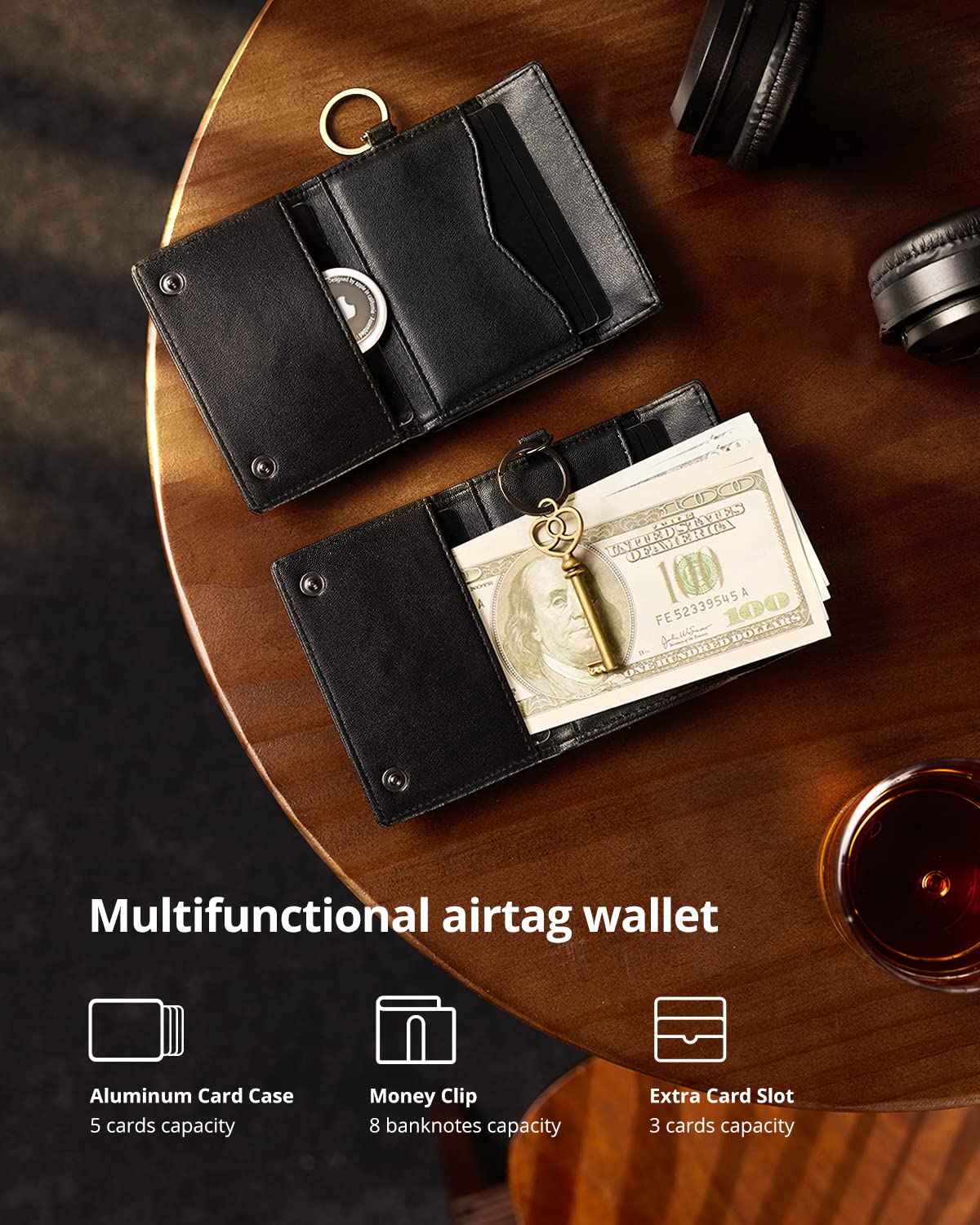 YESIIW Airtag Wallet For Men - Multifunctional Wallet Leather Card Holder With Keychain, Protection Up To 10 Cards Card Case