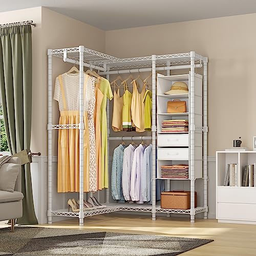 VIPEK L6E Garment Rack for Hanging Clothes Heavy Duty Clothes Rack with Shelves, L Shaped Clothing Rack Portable Corner Closet Metal Freestanding Wardrobe with Drawers, Max Load 715 LBS, White