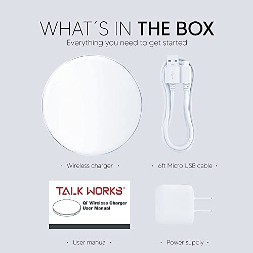 TALK WORKS 5W Wireless Charging Pad Compatible w/ iPhone 13/Pro/Pro Max, 14/Plus/Pro/Pro Max, 12, 11, XR, XS, X, 8, Samsung S22, S21, S20, S10, S9, S8 - Qi Certified Fast Charger w/USB Adapter (White)