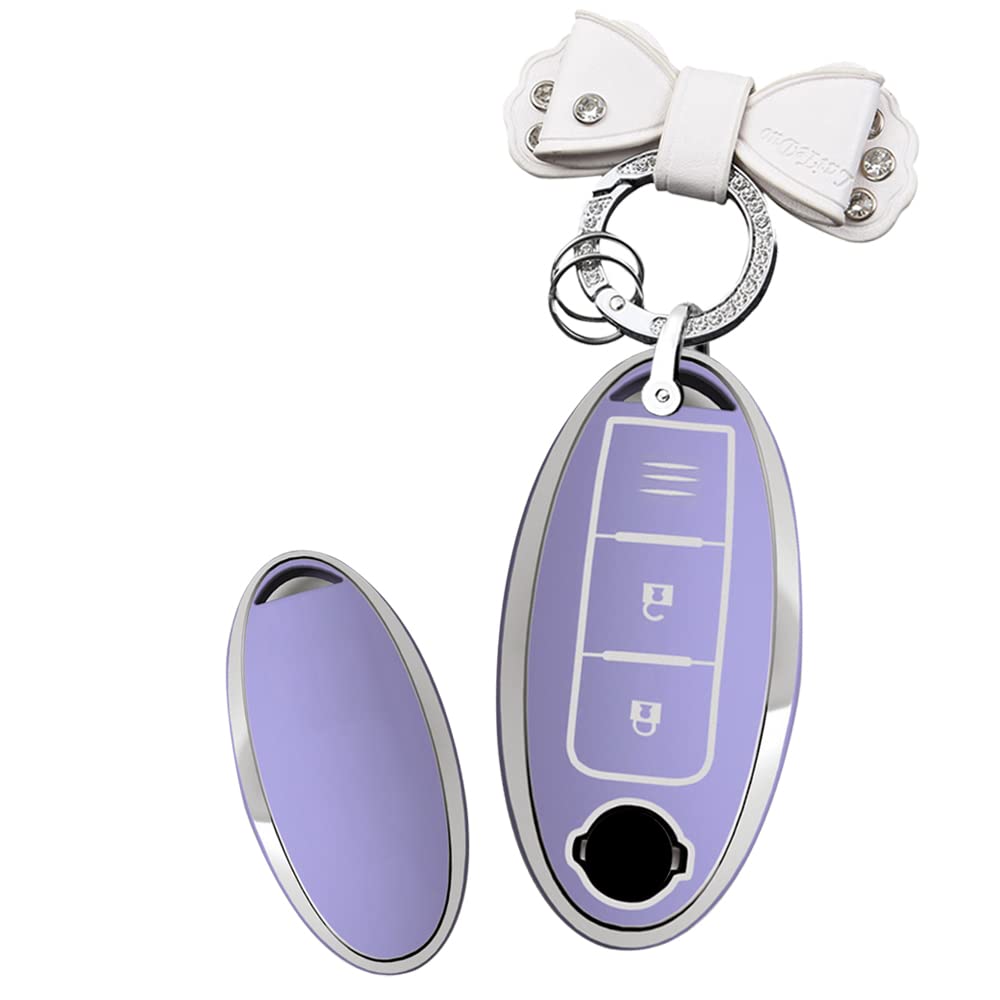 HIBEYO 3 Button Key Fob Cover for Nissan Altima Sentra Maxima Rogue Armada Pathfinder Infiniti Smart Remote Auto Key Car Accessories with Keychain-Bow Key Chain(Purple)