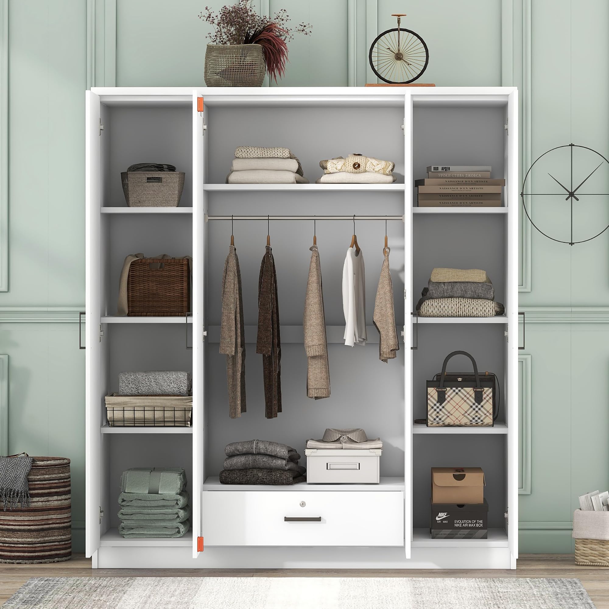 4 Door Wardrobe Armoire Closet with Storage Shelevs Freestanding Wardrobe Cabinet with One Drawer and Hanging Rod Clothes Cabinet Organizer for Bedroom, 59.2" L x 19.2" W x 67.9" H (White)