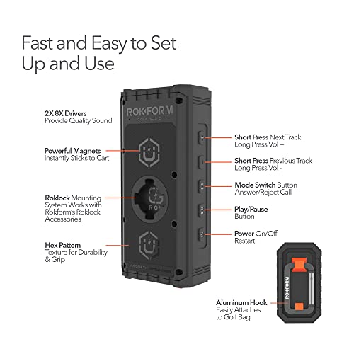 Rokform G-ROK β Portable Golf Speaker, Magnetic Wireless Speaker, IPX7 Waterproof, Shockproof & Dustproof, Loud & Clear Sound, 24 Hour Battery, Rugged Outdoor Golf Cart Speaker (Black)