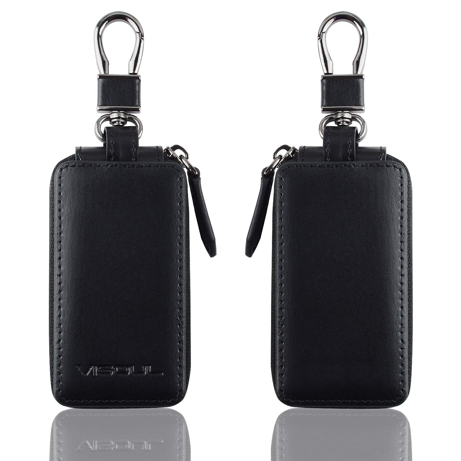 VISOUL Car Key Case, Italy Leather Car Smart Key Fob Zipper Case with Keychain and Metal Hook (A02-Black)