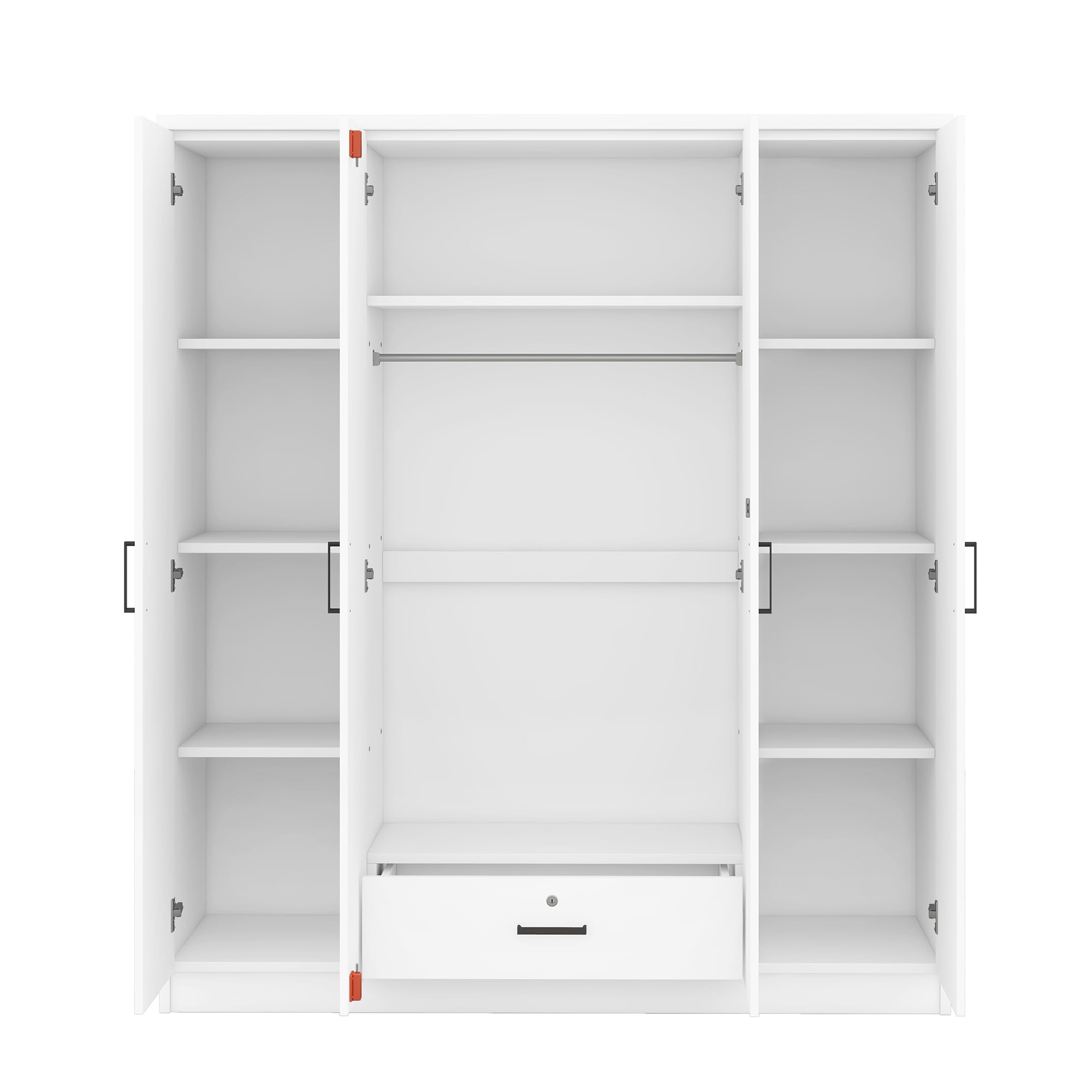 4 Door Wardrobe Armoire Closet with Storage Shelevs Freestanding Wardrobe Cabinet with One Drawer and Hanging Rod Clothes Cabinet Organizer for Bedroom, 59.2" L x 19.2" W x 67.9" H (White)