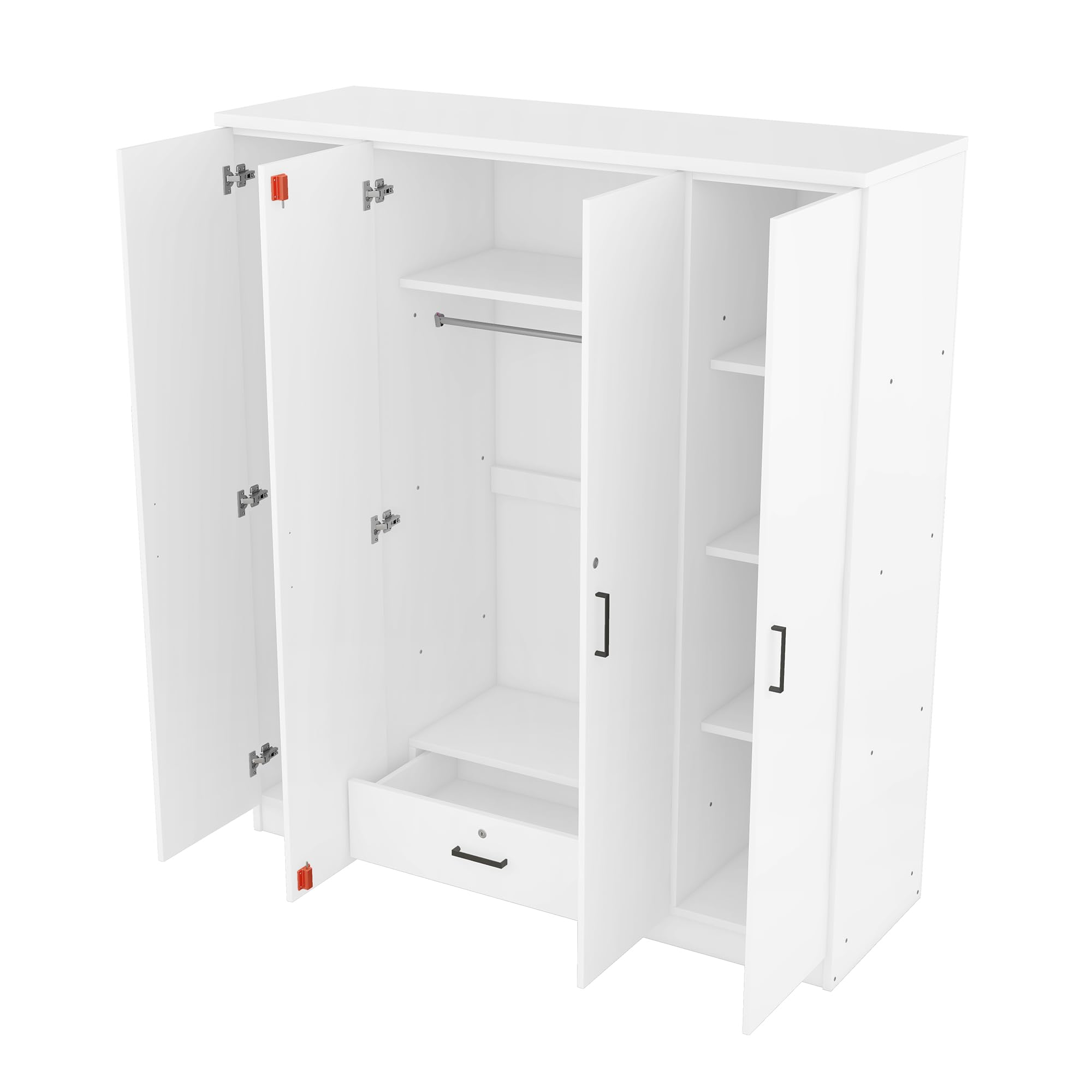 4 Door Wardrobe Armoire Closet with Storage Shelevs Freestanding Wardrobe Cabinet with One Drawer and Hanging Rod Clothes Cabinet Organizer for Bedroom, 59.2" L x 19.2" W x 67.9" H (White)