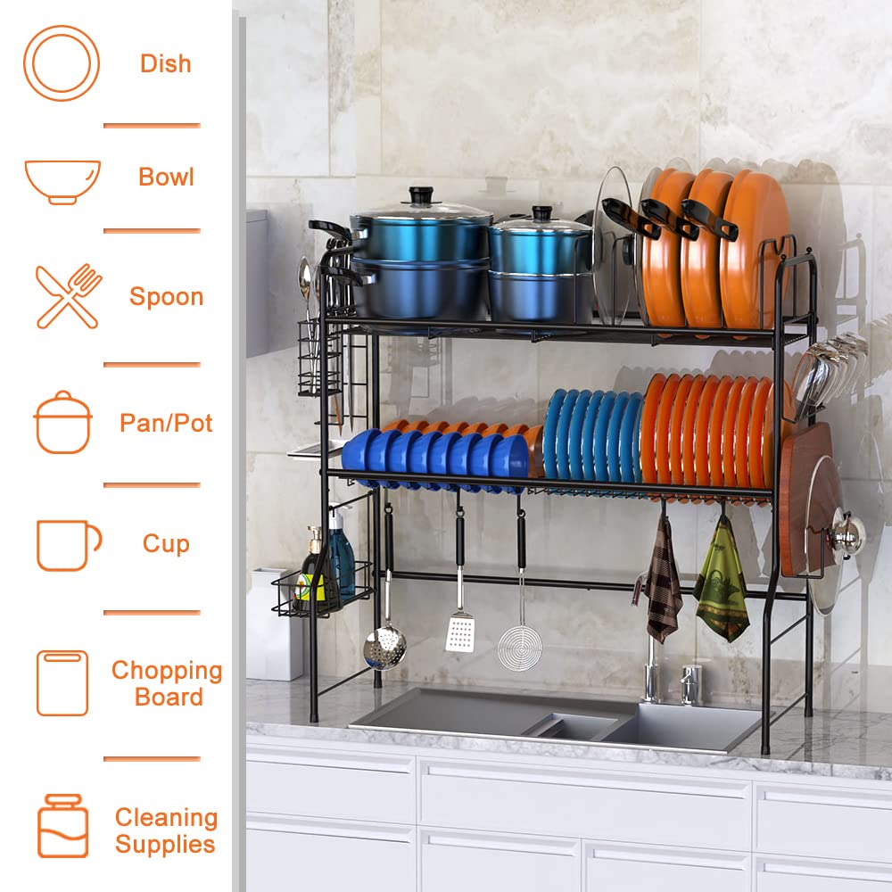 Skycarper Over The Sink Dish Drying Rack 2 Tier Organizer Shelf with Pan and Pot Rack