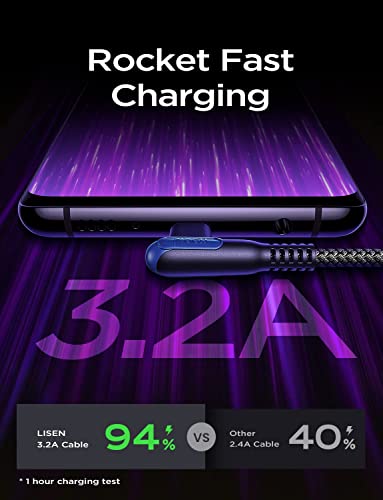 LISEN [3-Pack] 90-Degree USB-C Fast Charging Cables [6.6ft, 3.2A] -Never Rupture - Compatible with Samsung Galaxy S20/S10/S9/Note 10/9