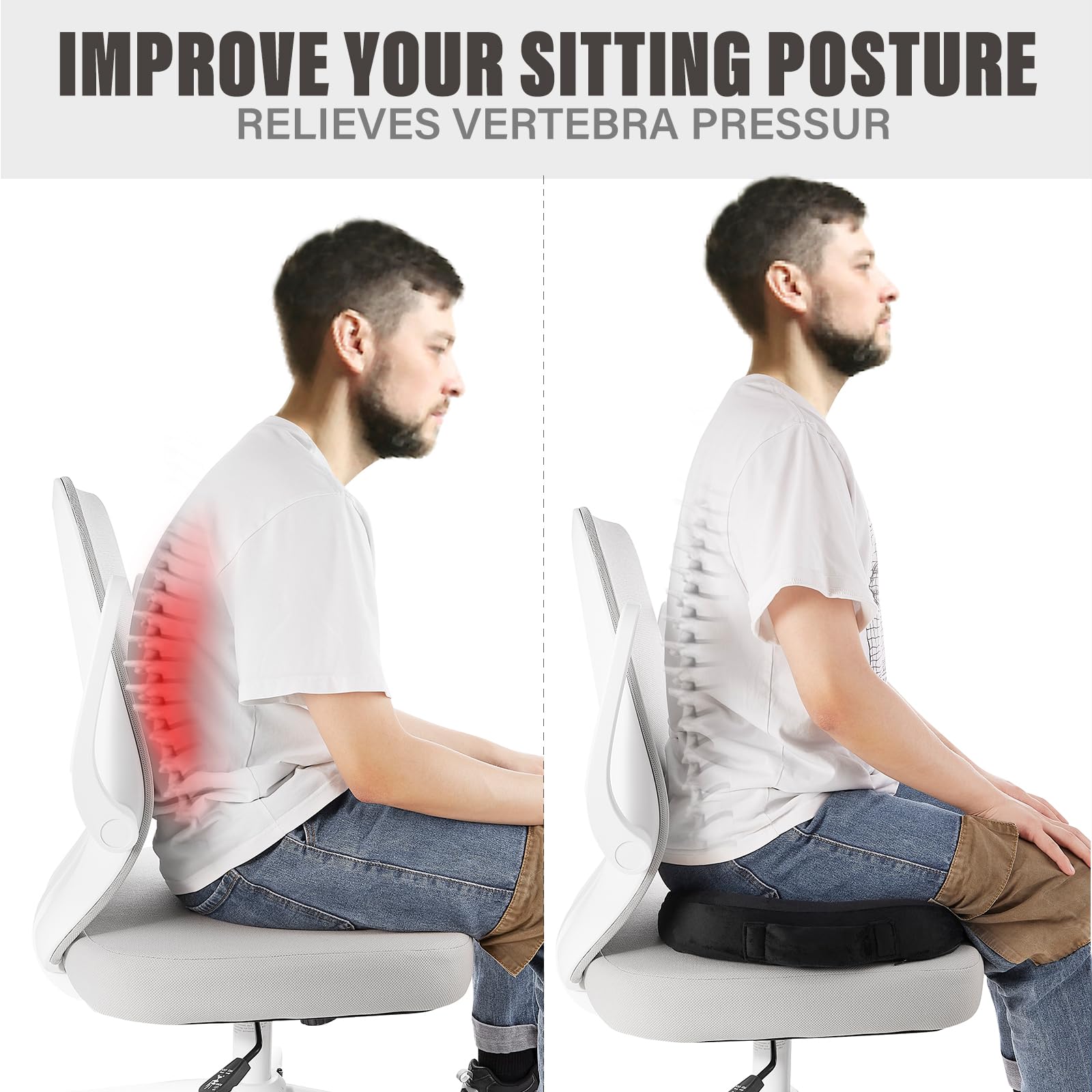 WAOAW Seat Cushion, Office Chair Cushions Butt Pillow for Long Sitting, Memory Foam Chair Pad for Back, Coccyx, Tailbone Pain Relief