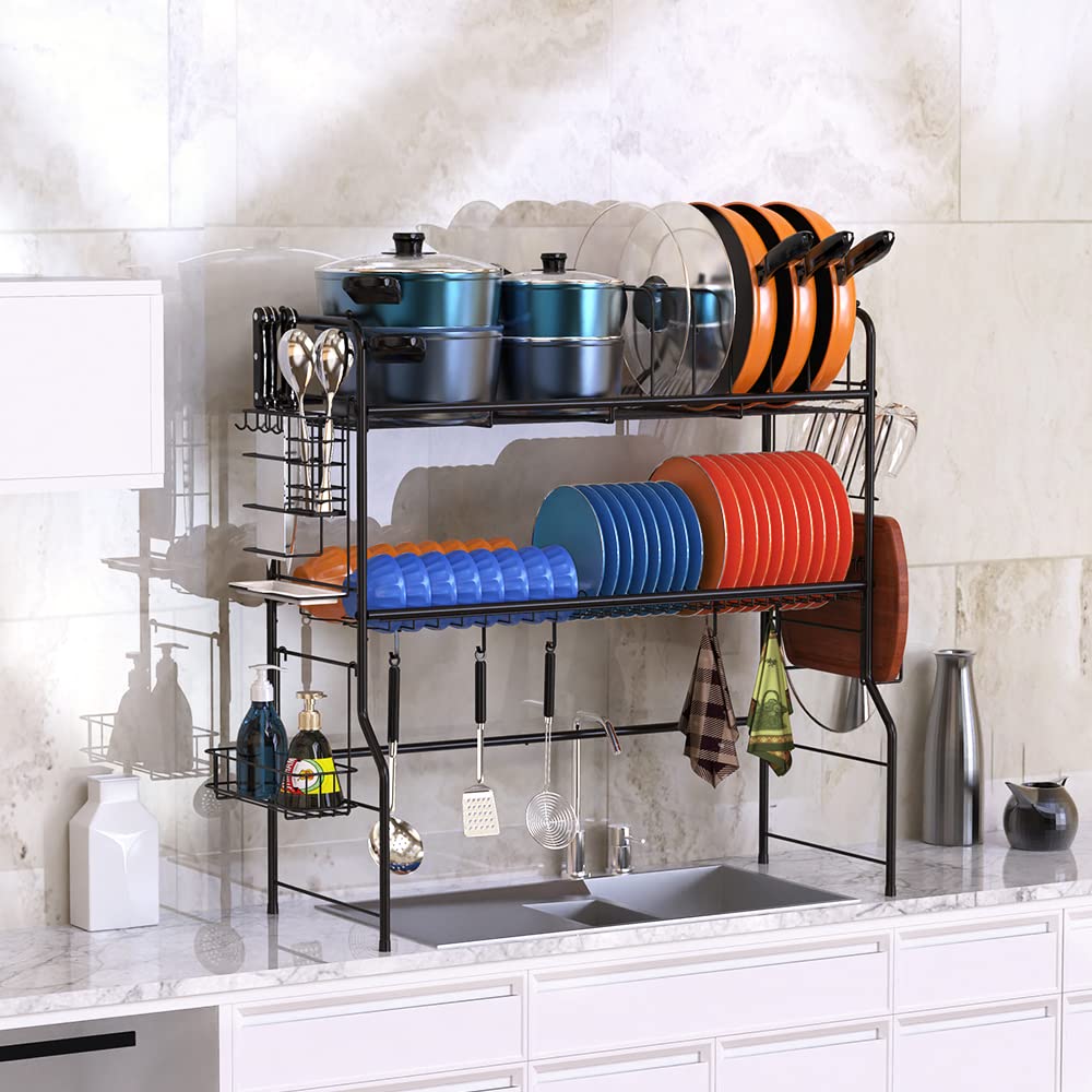 Skycarper Over The Sink Dish Drying Rack 2 Tier Organizer Shelf with Pan and Pot Rack