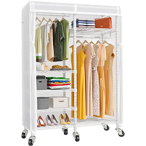 VIPEK R4C Garment Rack Rolling Clothes Rack 6 Tiers Heavy Duty Adjustable Wire Portable Closets with Lockable Wheels Wardrobe White Metal Clothing Rack with Frosted Translucent Cover, Max Load 620lbs