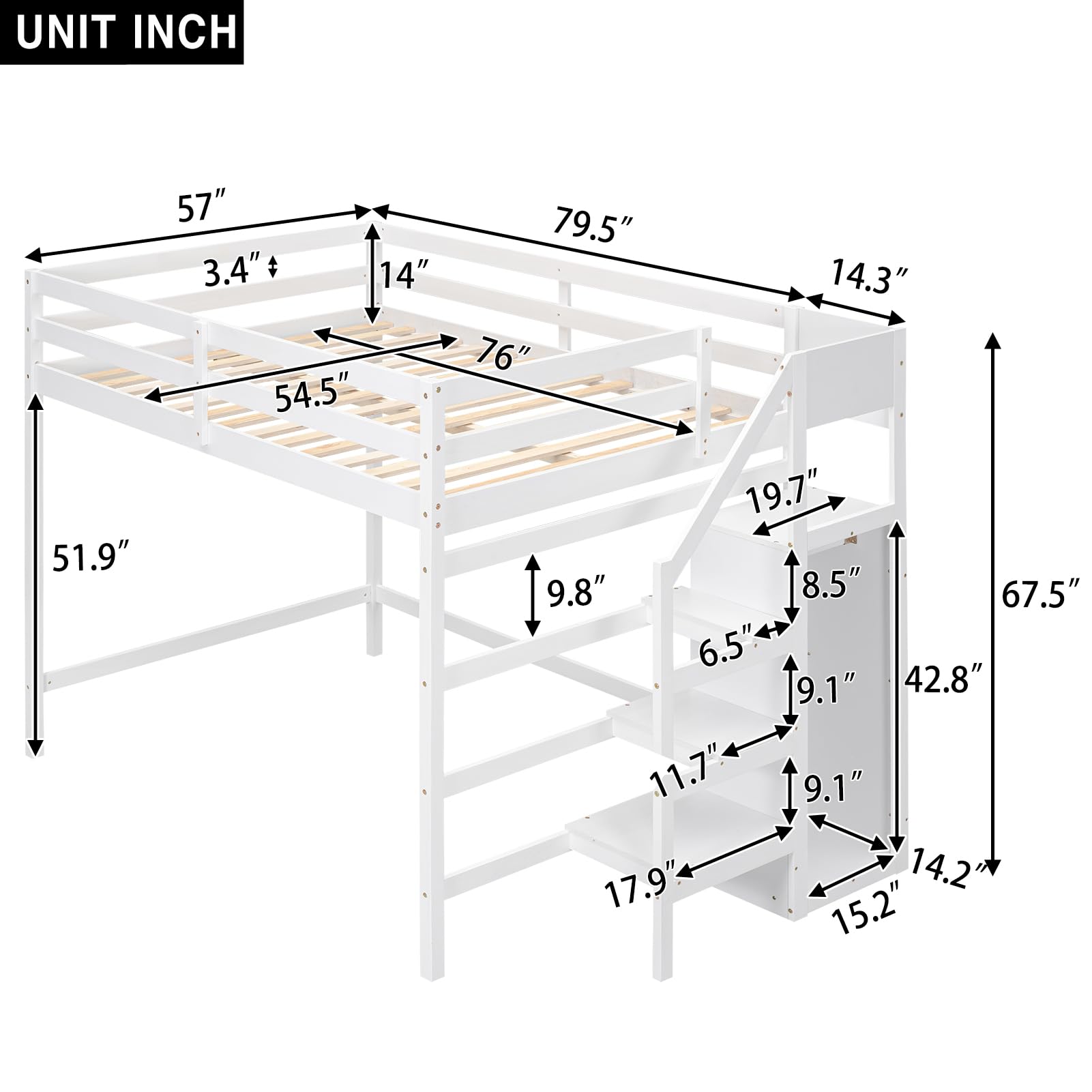 Harper & Bright Designs Full Size Loft Bed with Wardrobe and Staircase, Wooden Full Loft Bed Frame, High Loft Bed for Kids Teens Adults, White