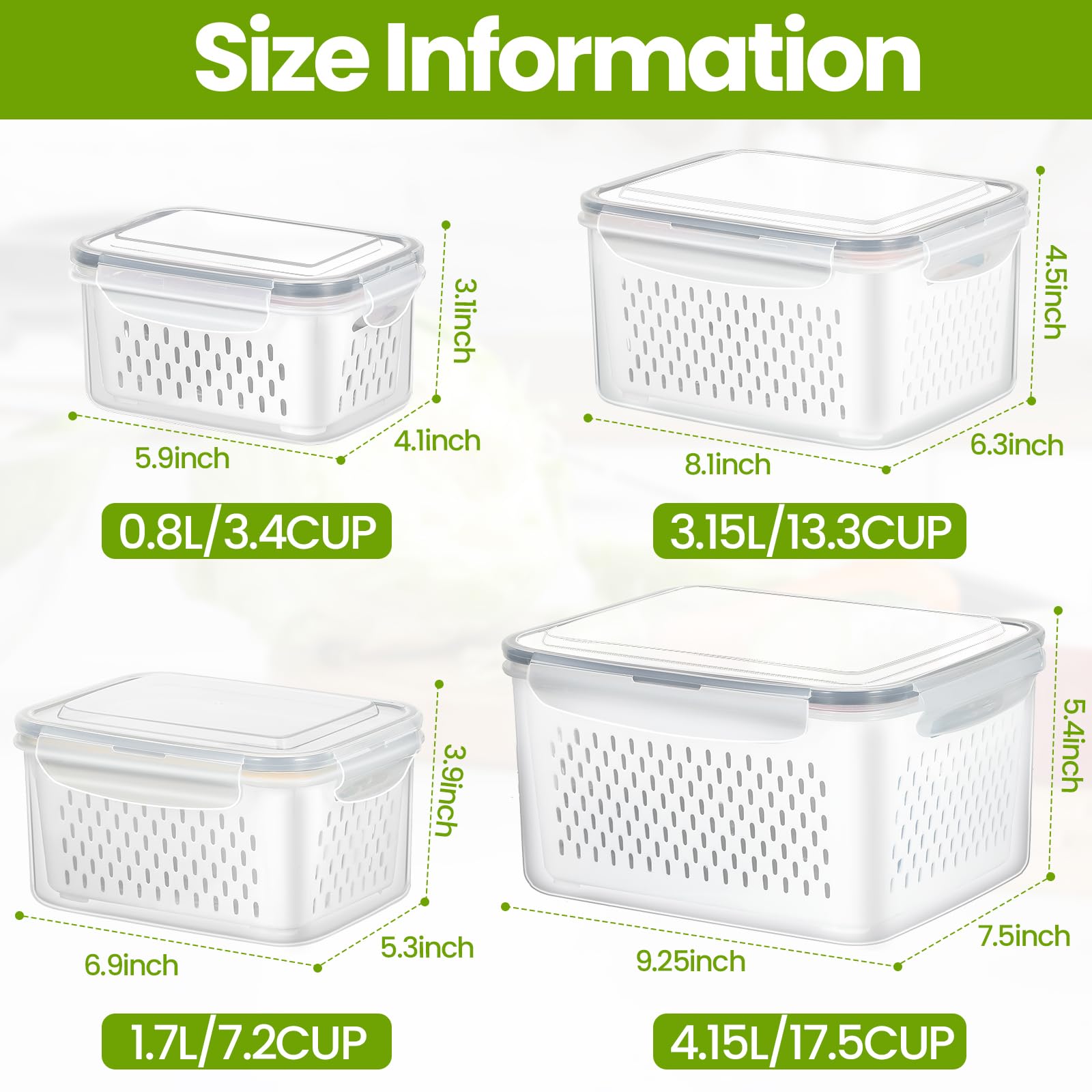 8 Pack Fridge Organizers Fruit Storage Containers for Fridge Produce Saver Containers Bins with Lid & Removable Drain Colanders Refrigerator Storage Organizer for Salad, Vegetable, Berry, Lettuce