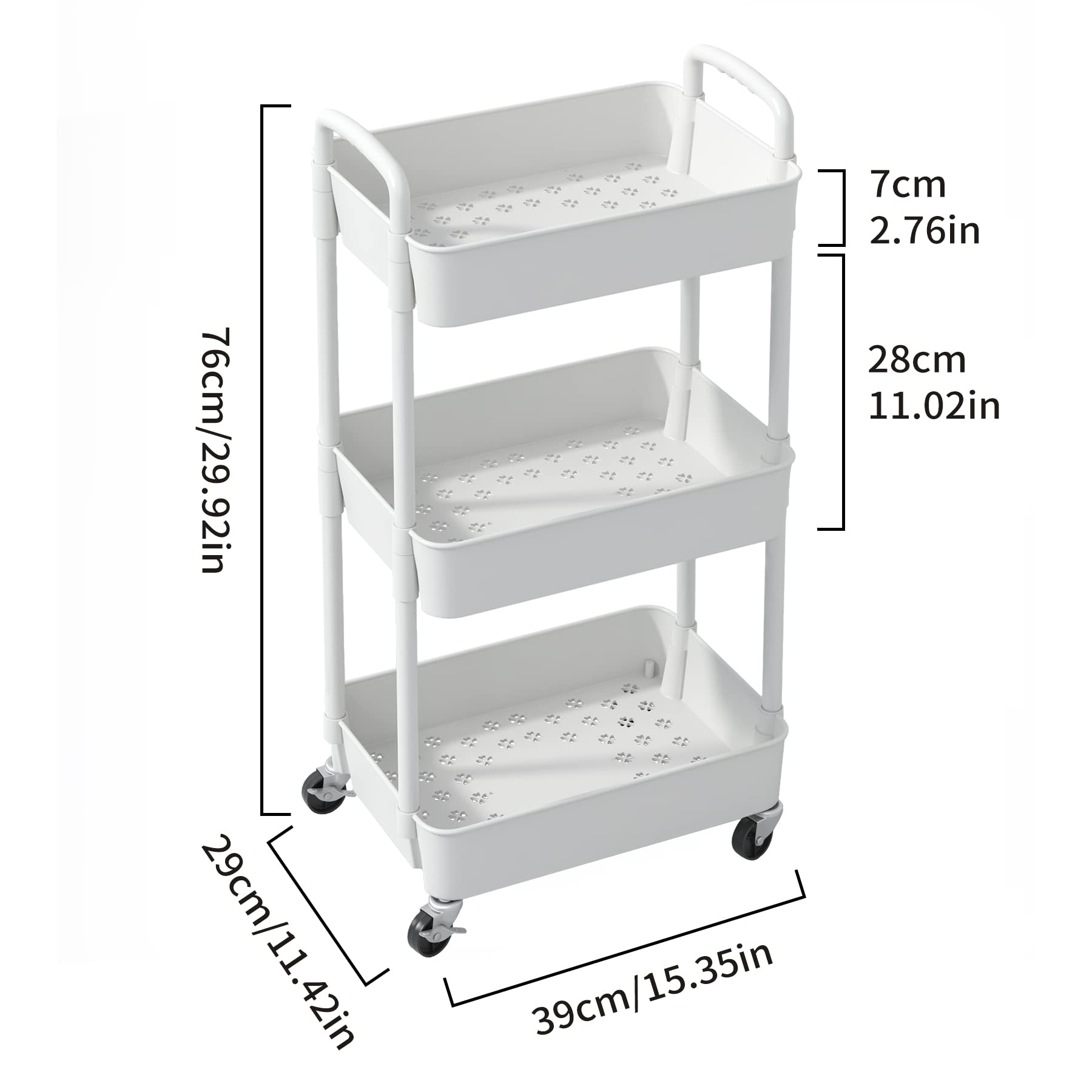 Sywhitta 3-Tier Plastic Rolling Utility Cart with Handle, Multi-Functional Storage Trolley for Office, Living Room, Kitchen, Movable Storage Organizer with Wheels, White