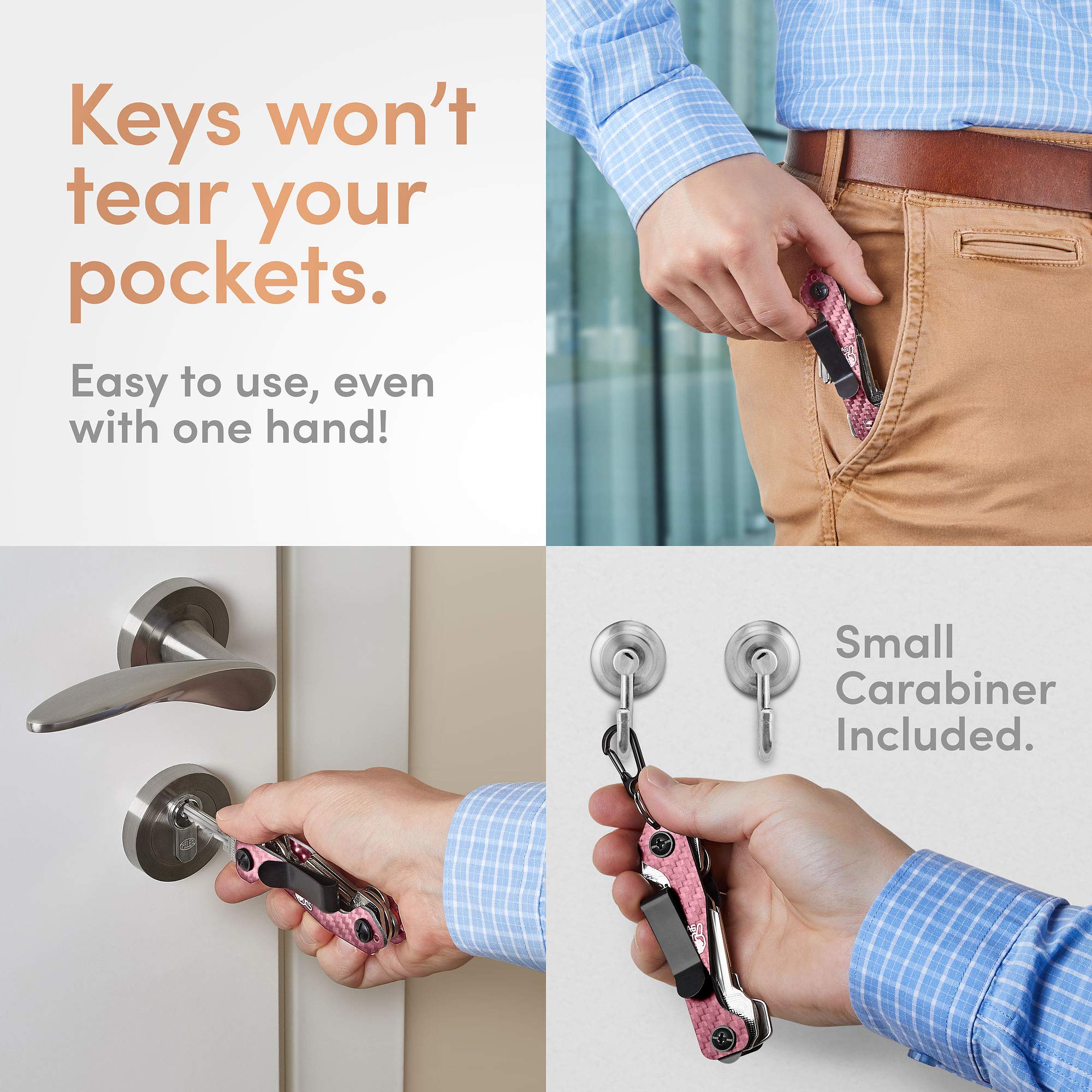 AmazinGizmo Folding Key Holder & Key Organizer Keychain - House & Car Compact Pink Slim Multi Key Chain with Pocket Clip & Carabiner - up to 12 Keys & More