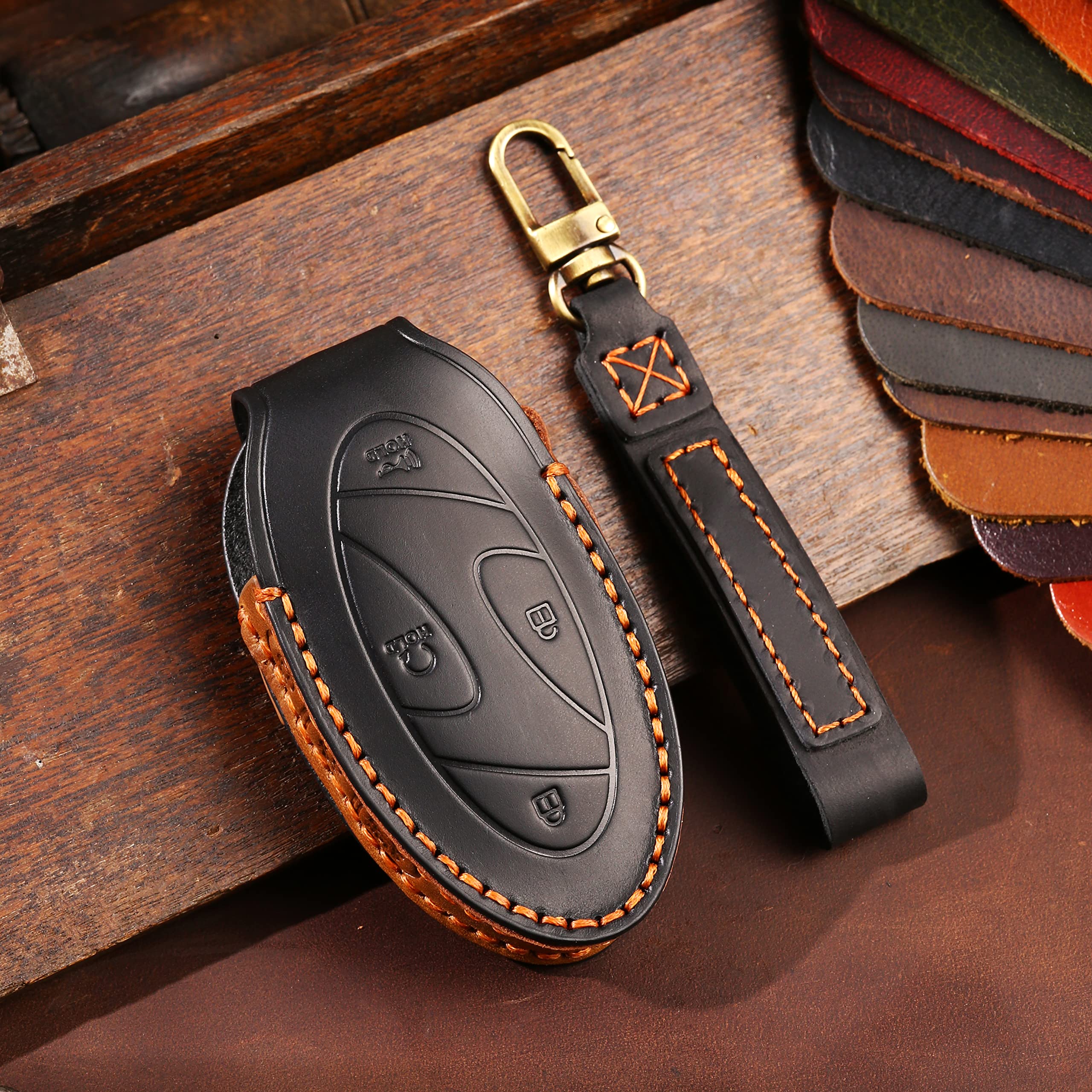 SANRILY Handmade Leather 7 Button Key Fob Cover for Hyundai ioniq 6 2023 Smart Key Keyless Full Protection Key Fob Case with Keychain Black