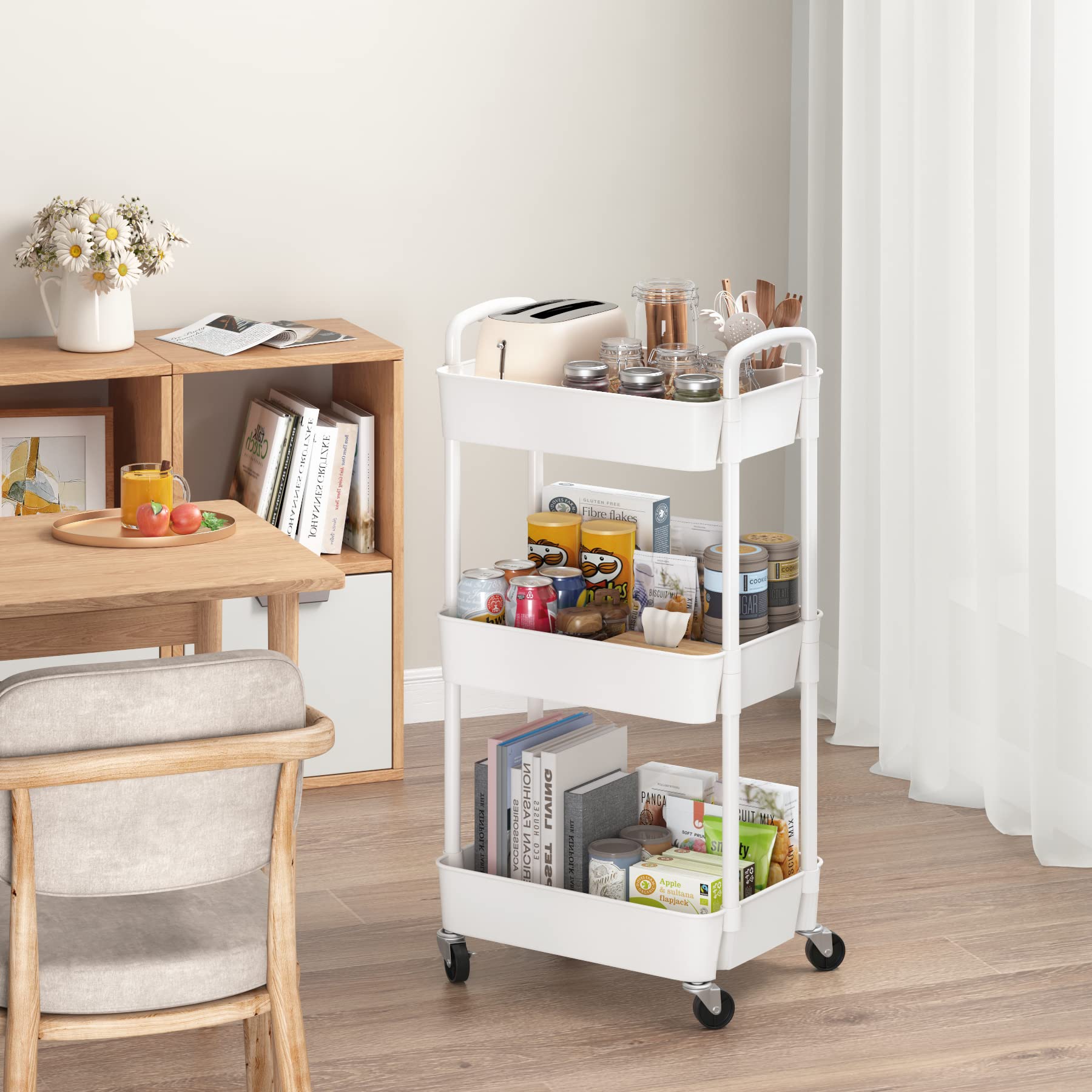 Sywhitta 3-Tier Plastic Rolling Utility Cart with Handle, Multi-Functional Storage Trolley for Office, Living Room, Kitchen, Movable Storage Organizer with Wheels, White