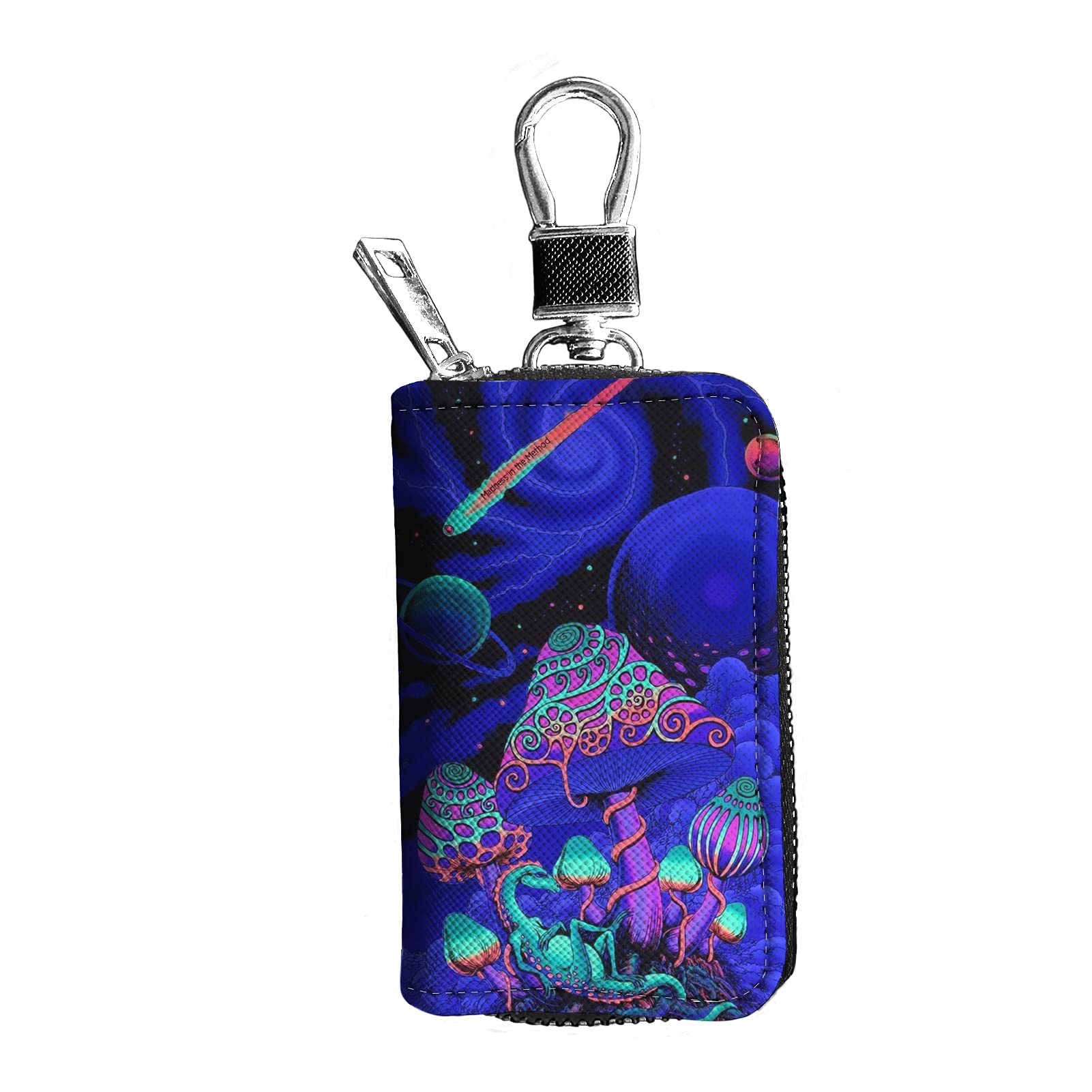 Poceacles Forest Mushroom Print Fashion Car Key Case, Leather Waterproof Auto Key Bag Car Smart Key Chain Keychain Holder with Zipper and Metal Hook