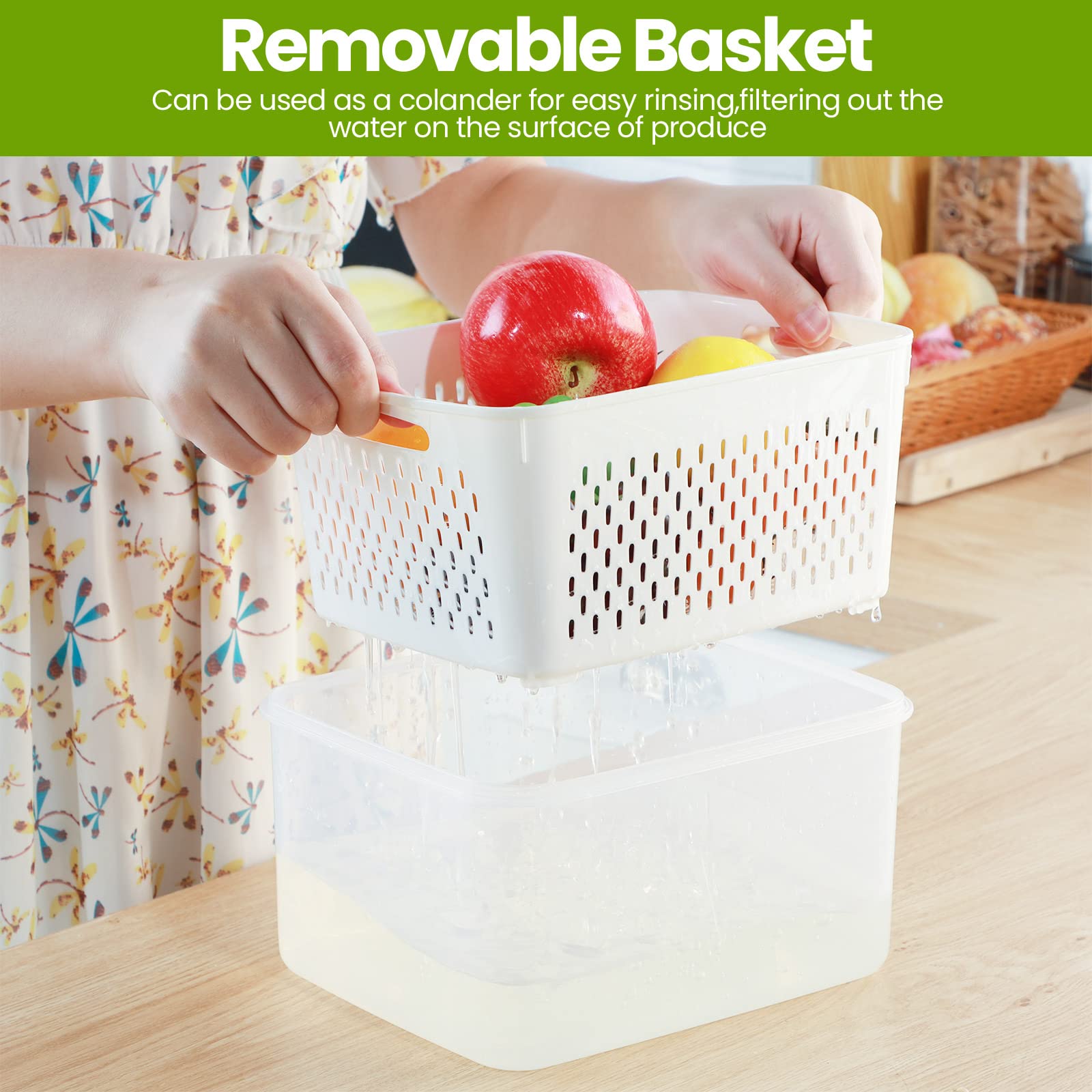 8 Pack Fridge Organizers Fruit Storage Containers for Fridge Produce Saver Containers Bins with Lid & Removable Drain Colanders Refrigerator Storage Organizer for Salad, Vegetable, Berry, Lettuce