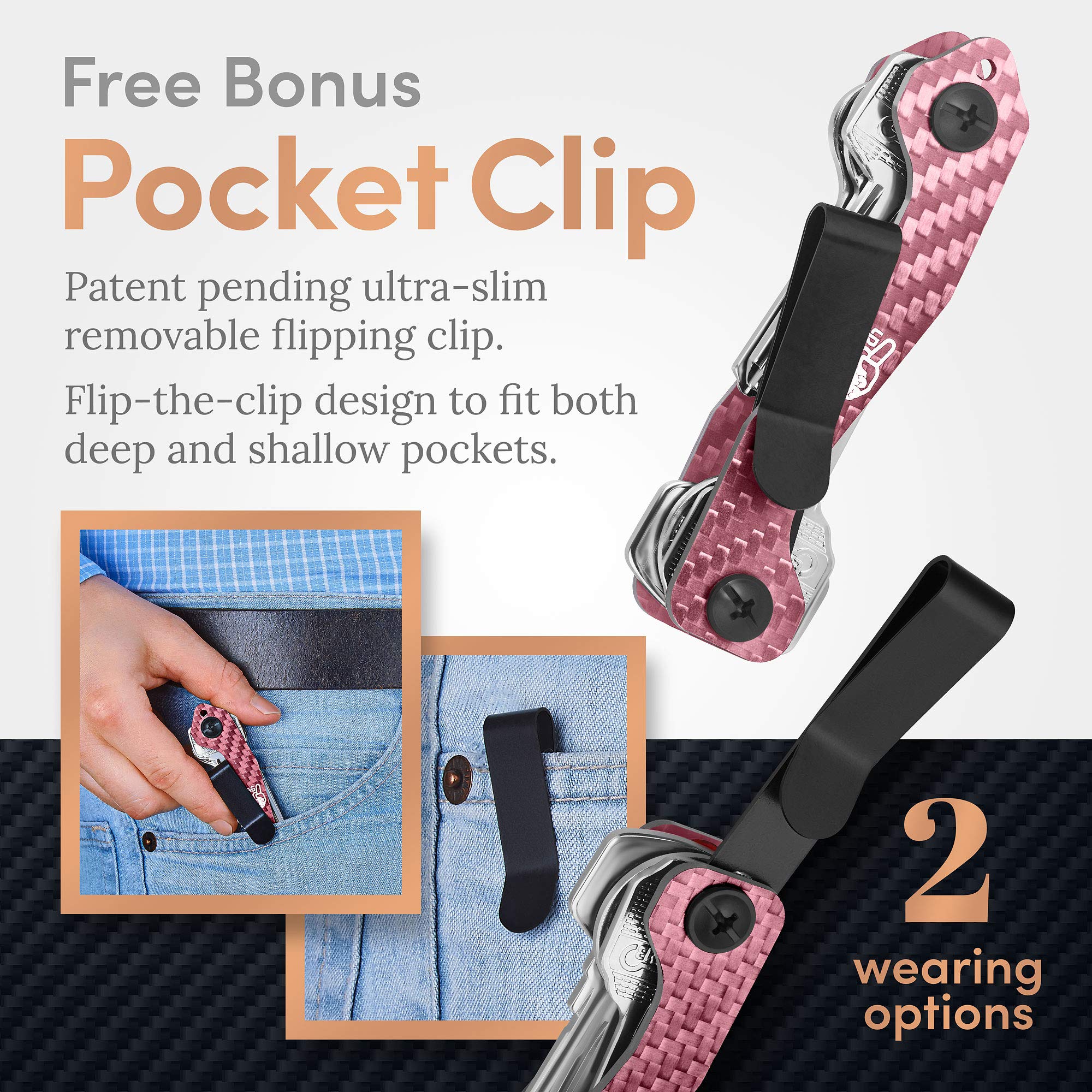 AmazinGizmo Folding Key Holder & Key Organizer Keychain - House & Car Compact Pink Slim Multi Key Chain with Pocket Clip & Carabiner - up to 12 Keys & More