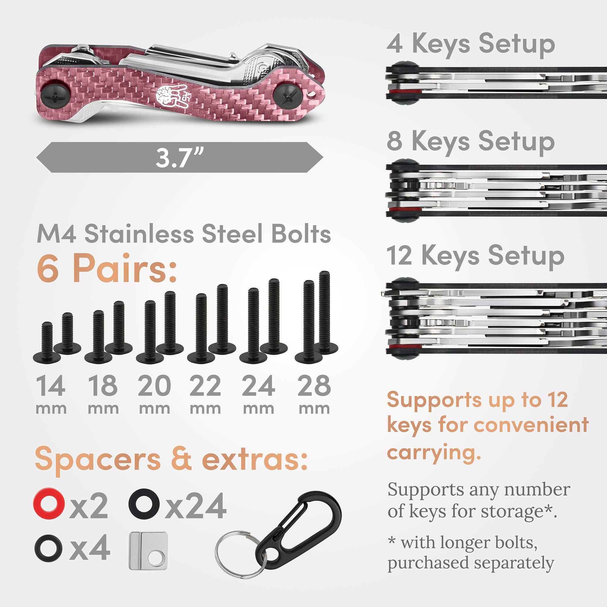 AmazinGizmo Folding Key Holder & Key Organizer Keychain - House & Car Compact Pink Slim Multi Key Chain with Pocket Clip & Carabiner - up to 12 Keys & More