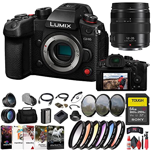 Panasonic Lumix GH6 Mirrorless Camera (DC-GH6BODY) + Panasonic 12-35mm Lens + Sony 64GB Tough SD Card + Color Filter Kit + Filter Kit + Wide Angle Lens + Telephoto Lens + Lens Hood + More