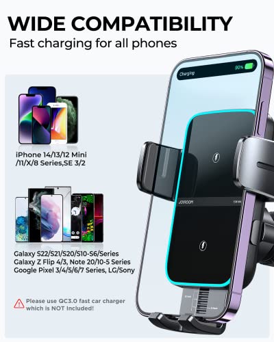 Wireless Car Charger Phone Mount: Dual Coil Joyroom LED Qi 15W Cell Phone Fast Charging Vent Holder with Auto Smart Sensor Clamping for iPhone 14 13 12 11 Pro Max, Samsung Galaxy S22 21 Note 20