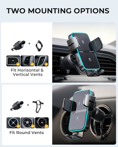 Wireless Car Charger Phone Mount: Dual Coil Joyroom LED Qi 15W Cell Phone Fast Charging Vent Holder with Auto Smart Sensor Clamping for iPhone 14 13 12 11 Pro Max, Samsung Galaxy S22 21 Note 20