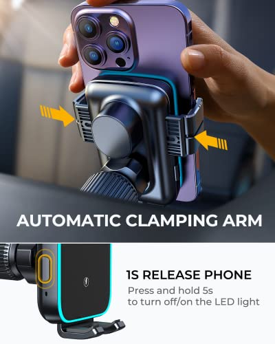 Wireless Car Charger Phone Mount: Dual Coil Joyroom LED Qi 15W Cell Phone Fast Charging Vent Holder with Auto Smart Sensor Clamping for iPhone 14 13 12 11 Pro Max, Samsung Galaxy S22 21 Note 20