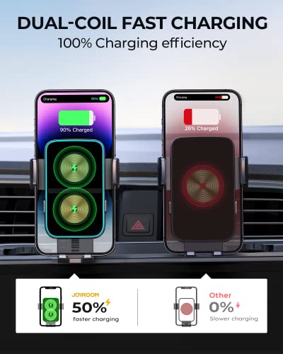 Wireless Car Charger Phone Mount: Dual Coil Joyroom LED Qi 15W Cell Phone Fast Charging Vent Holder with Auto Smart Sensor Clamping for iPhone 14 13 12 11 Pro Max, Samsung Galaxy S22 21 Note 20