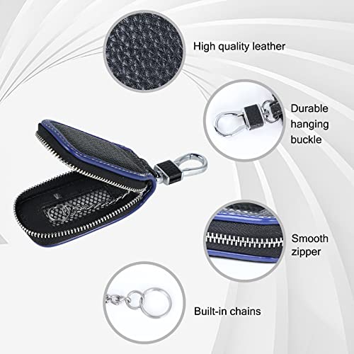 DAYGOS Universal Car Key Case Holder, Leather Car Smart Key Fob Cover with Hook and Keyring Zipper Bag, Keychain Protector Case for Remote Key Fob, Blue, 2 Pack