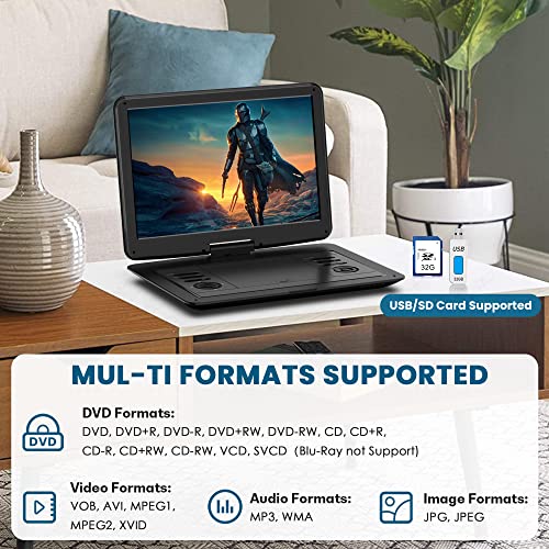 WONNIE 16.9" Portable DVD Player with 14.1" Large Swivel Screen, High Volume Speakers, 6 Hrs Rechargeable Battery, Support USB/SD Card/ Sync TV, Region Free, Last Memory