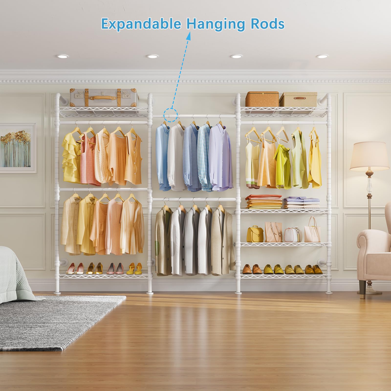 Timate L3 L Shape Garment Rack Heavy Duty Clothes Rack for Hanging Clothes, Expandable Industrial Pipe Wall Mounted Clothing Rack, Adjustable Corner Closet Wardrobe Closet Kit Closet Systems, White