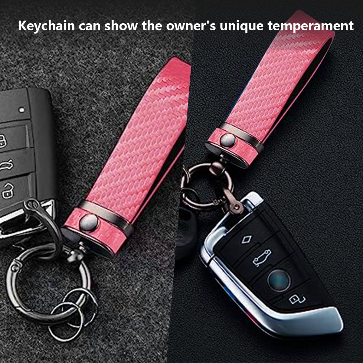 Kewucn Carbon Fiber Style Car Key Chain, Premium Leather Auto Key Fob with 360 Degree Rotatable and Anti-Lost D-Ring (Pink)