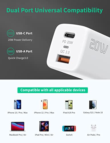 USB C Wall Charger Fast Charging, 2-Pack TI-TOO 20W Dual Port Power Adapter, Quick Charge 3.0 USB Type c Power Delivery Charger Block Plug Compatible with iPhone 14 Pro Max/14 Plus/13 Pro/13/12