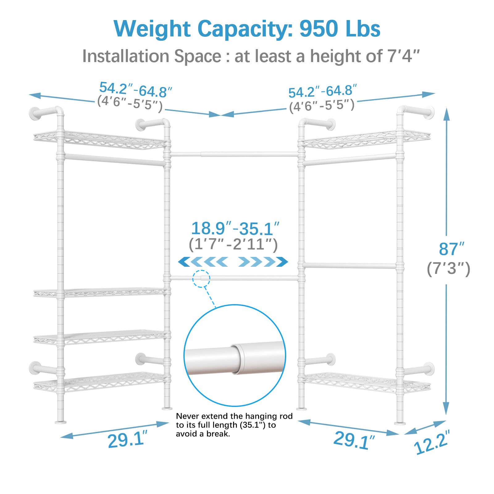 Timate L3 L Shape Garment Rack Heavy Duty Clothes Rack for Hanging Clothes, Expandable Industrial Pipe Wall Mounted Clothing Rack, Adjustable Corner Closet Wardrobe Closet Kit Closet Systems, White