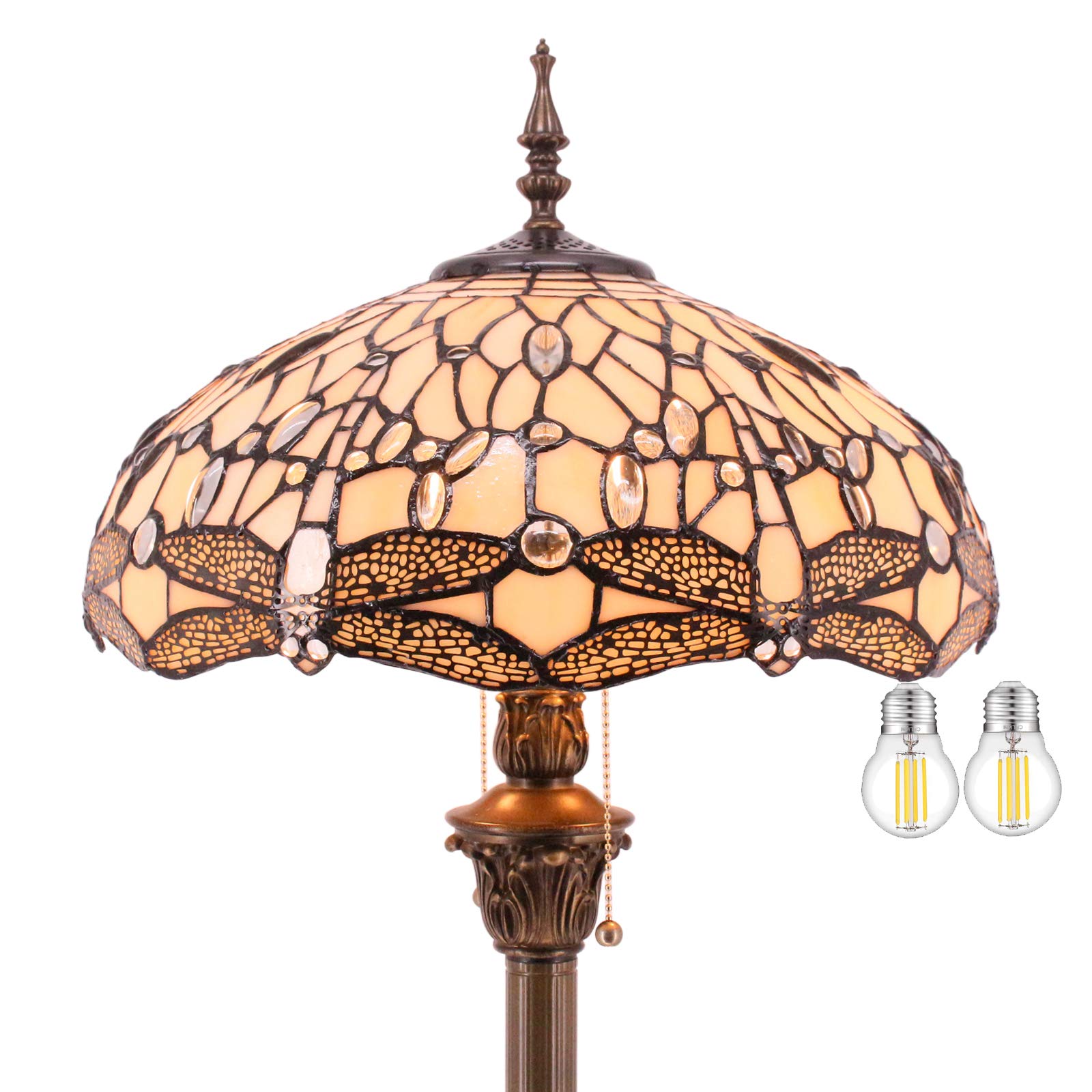 WERFACTORY Tiffany Floor Lamp Dragonfly Cream Stained Glass Standing Reading Light 16X16X64 Inches Antique Pole Corner Lamp Decor Bedroom Living Room Home Office S139 Series