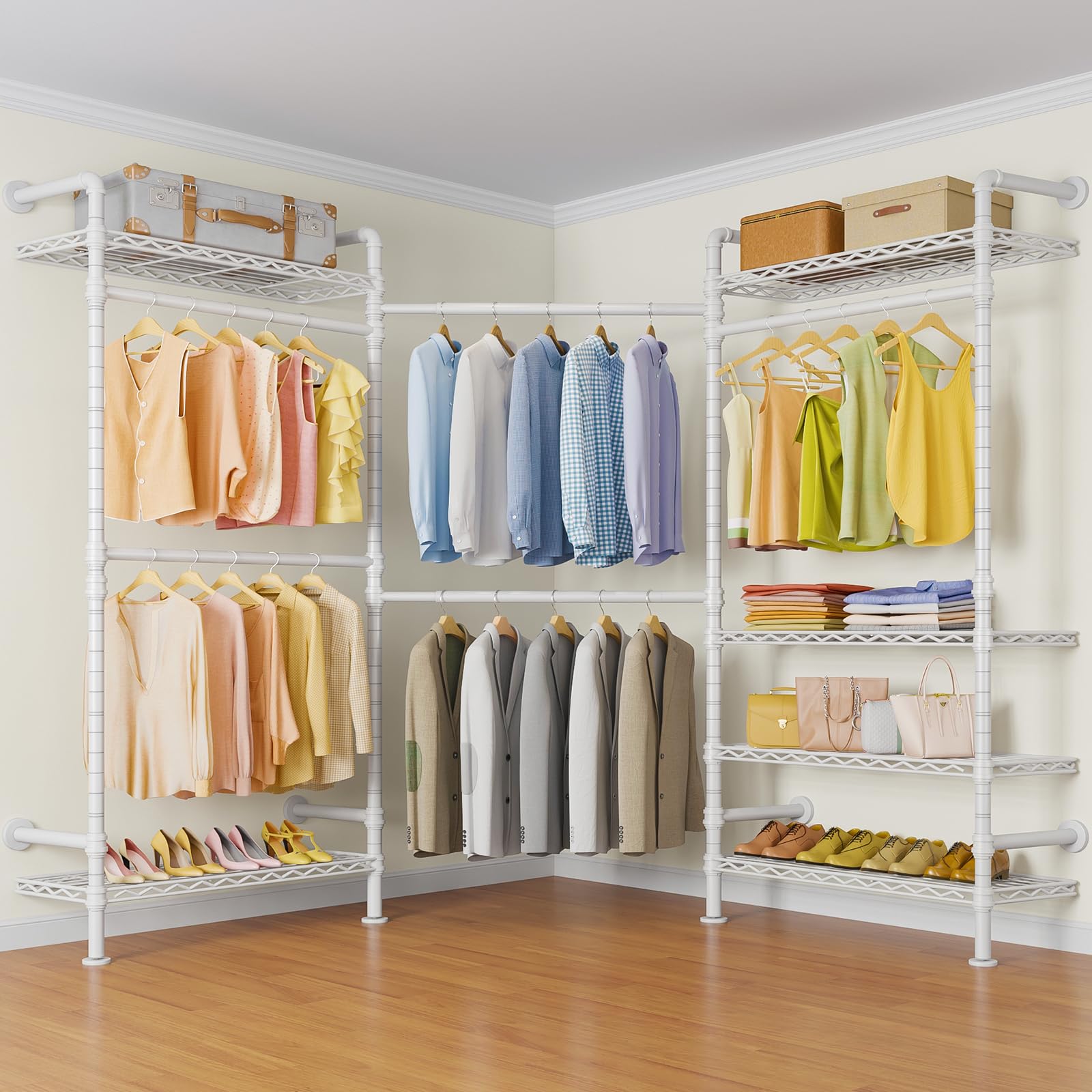 Timate L3 L Shape Garment Rack Heavy Duty Clothes Rack for Hanging Clothes, Expandable Industrial Pipe Wall Mounted Clothing Rack, Adjustable Corner Closet Wardrobe Closet Kit Closet Systems, White