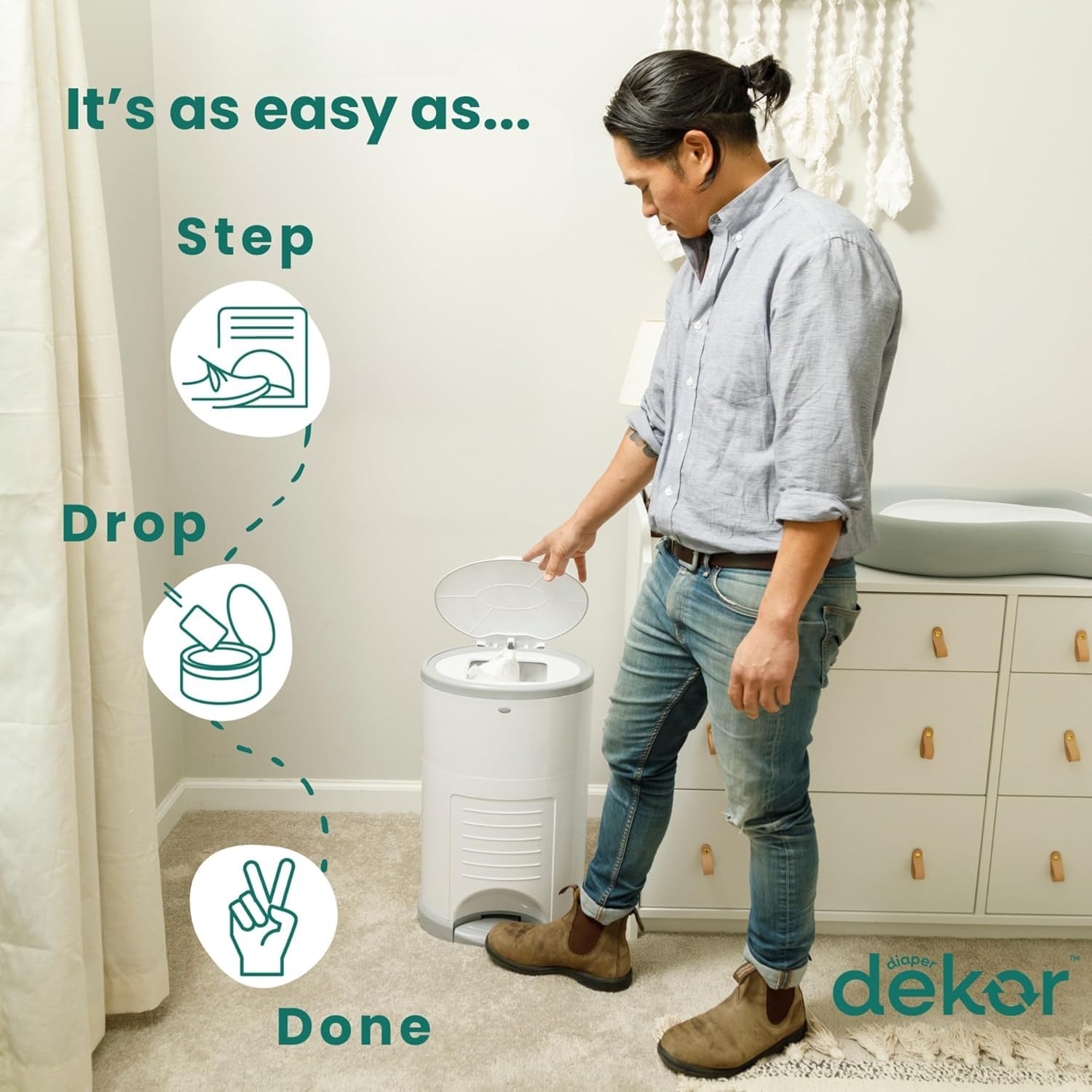 Dekor Classic Hands-Free Diaper Pail | Gray | Easiest to Use | Just Step – Drop – Done | Doesn’t Absorb Odors | 20 Second Bag Change | Most Economical Refill System
